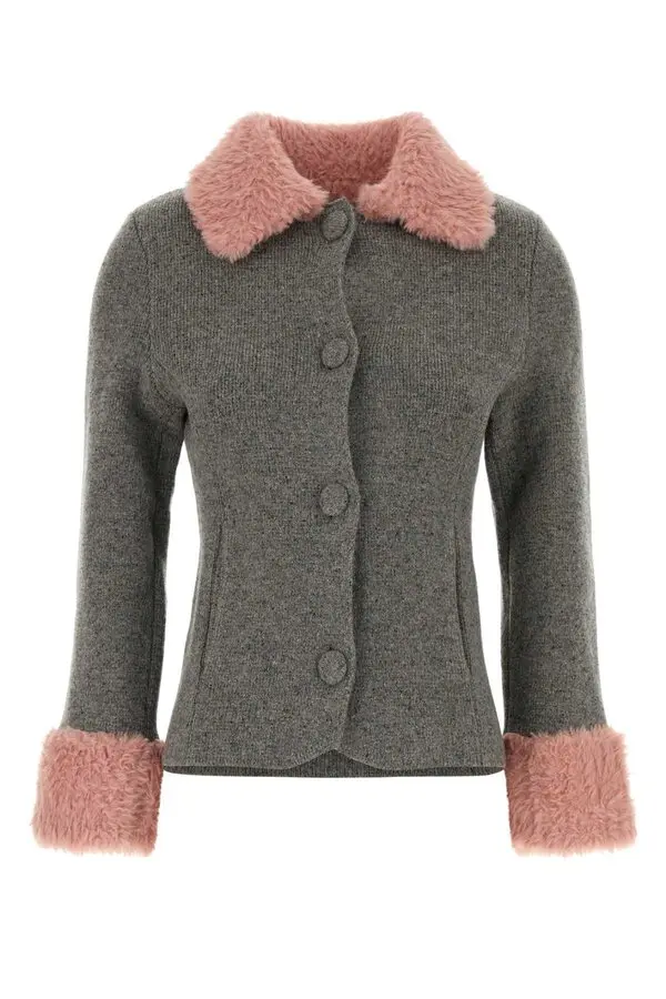 Moschino Melange Grey Wool Blend Cardigan With Fur Trim - Gray
