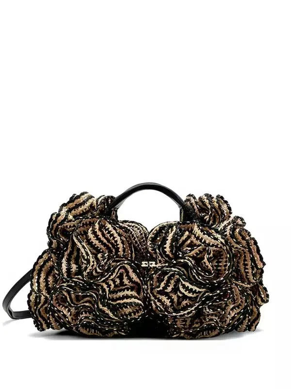 GANNI Mini Ruffled Straw Tote Bag - Black