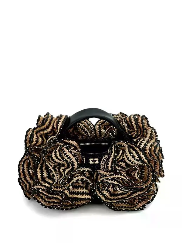 GANNI Mini Ruffled Straw Tote Bag
