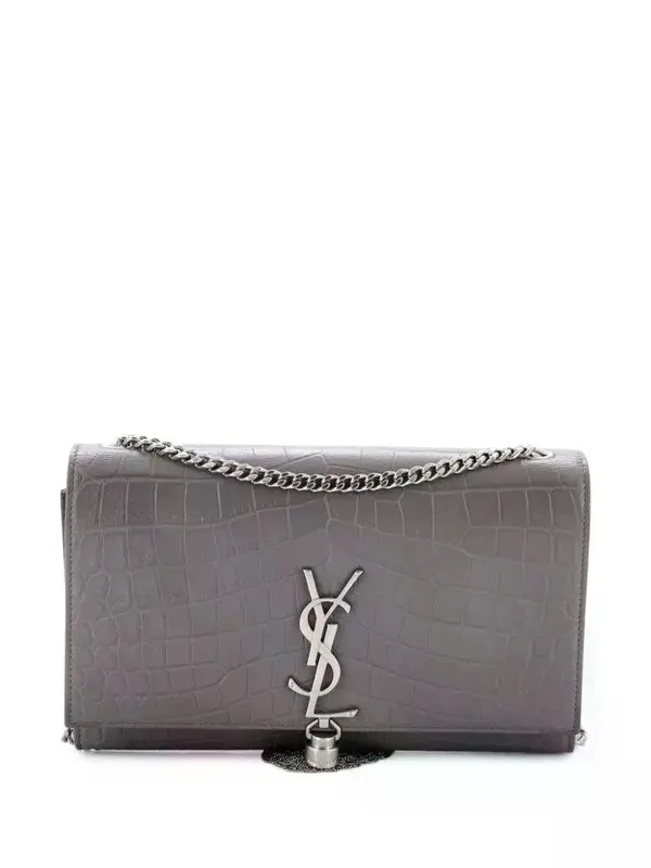 Saint Laurent Monogram Tassel Crocodile Embossed Leather Medium Crossbody Bag - Grey