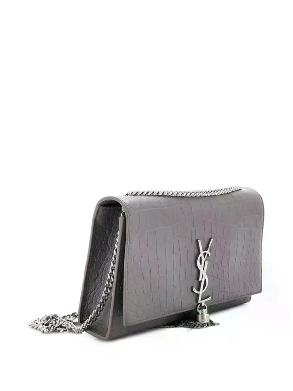 Saint Laurent Monogram Tassel Crocodile Embossed Leather Medium Crossbody Bag - Grey