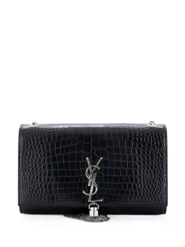 Saint Laurent Classic Monogram Tassel Crocodile Embossed Leather Medium Crossbody Bag - Black