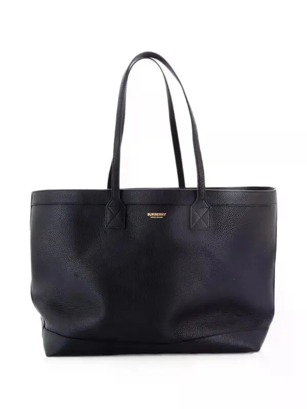 Burberry Leather Tote Bag With Check Canvas Interior - Black