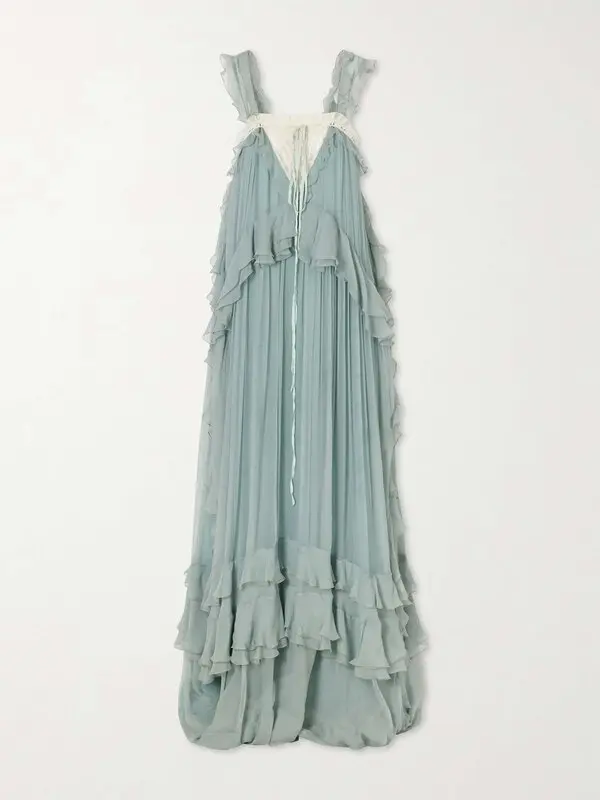 Chloé Ruffled Lace-trimmed Silk-crepon Gown - Green
