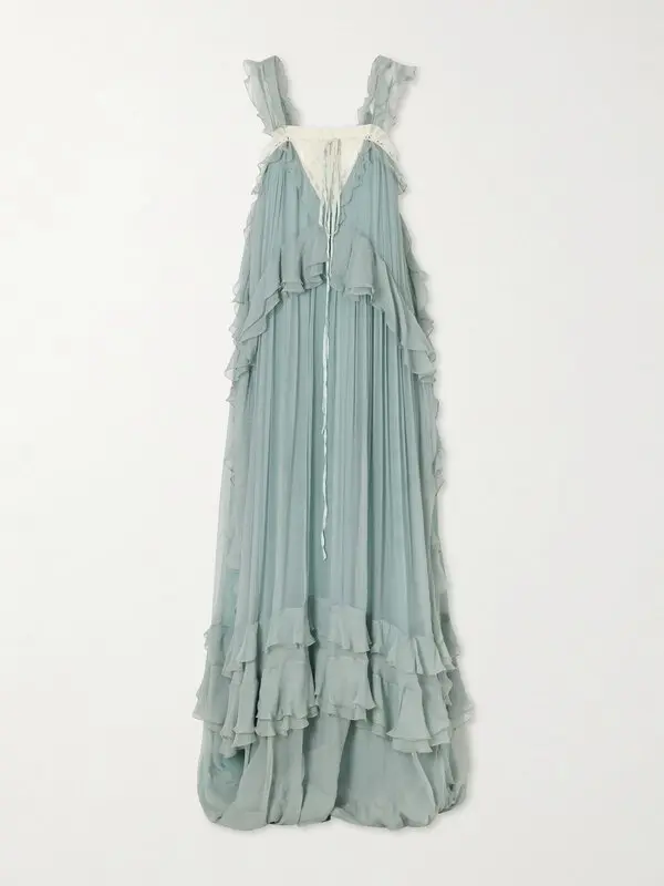Chloé Ruffled Lace-trimmed Silk-crepon Gown - Green