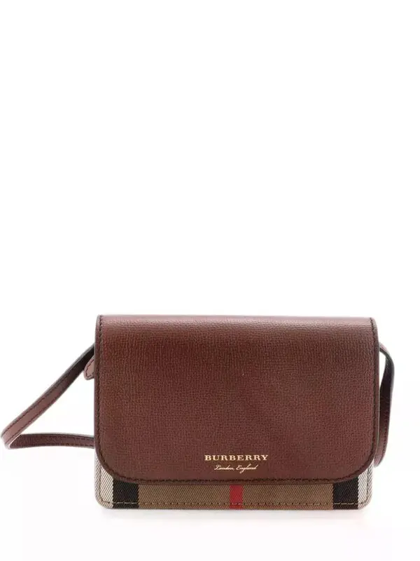 Burberry Hampshire Wallet On Chain Leather And House Check Canvas Crossbody Bag - Brown