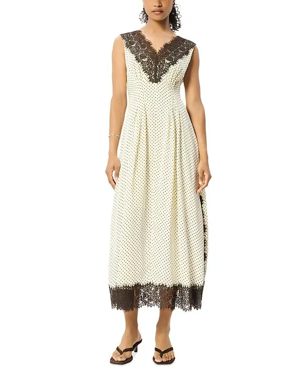 Whistles Lace Trim V Neck Spot Midi Dress - Yellow Multi