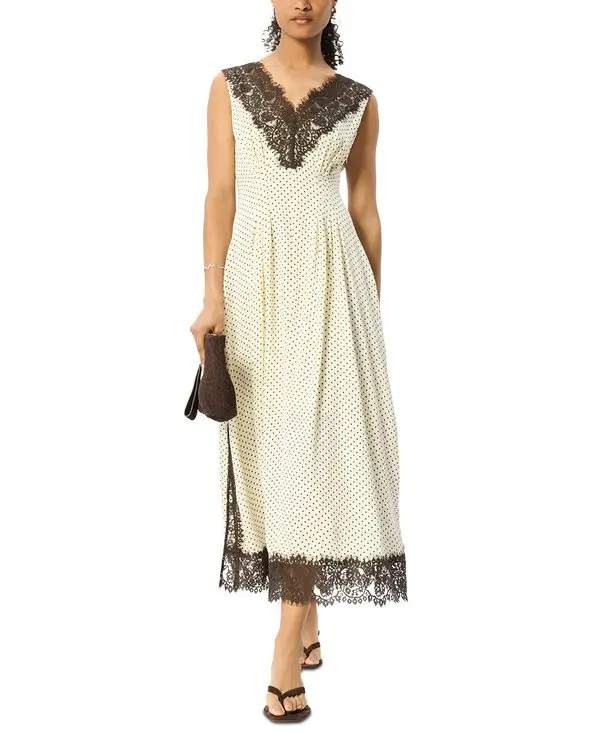 Whistles Lace Trim V Neck Polka Dot Midi Dress
