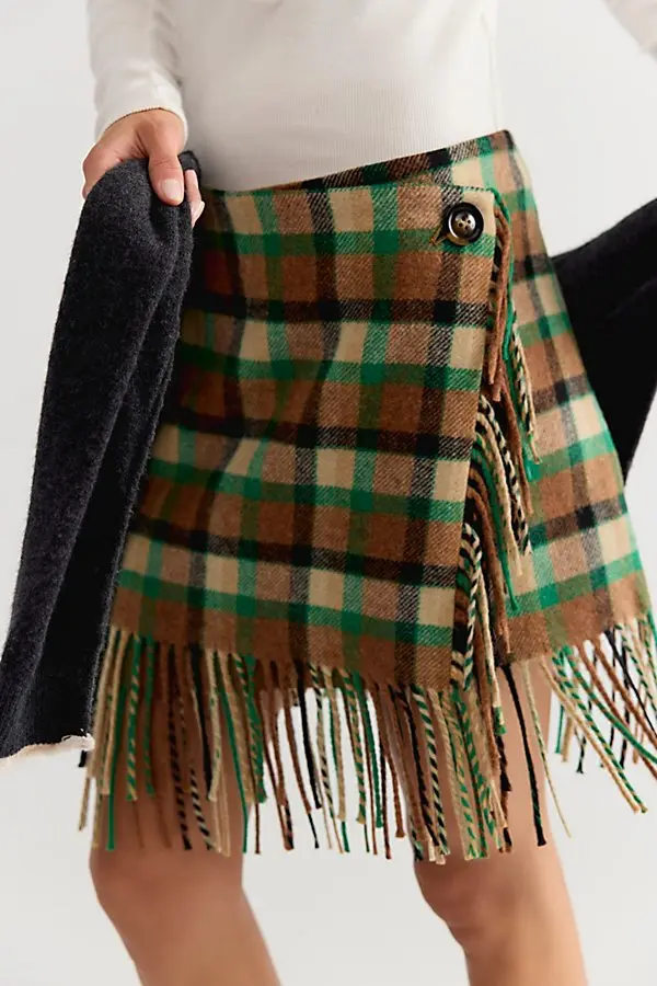 Rodebjer Aera Check Fringe Skirt - Nutty/leaf Green
