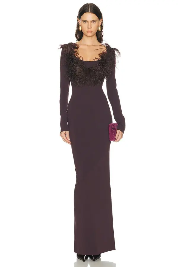 Attico Long Feather Gown In Brown - Dark Brown