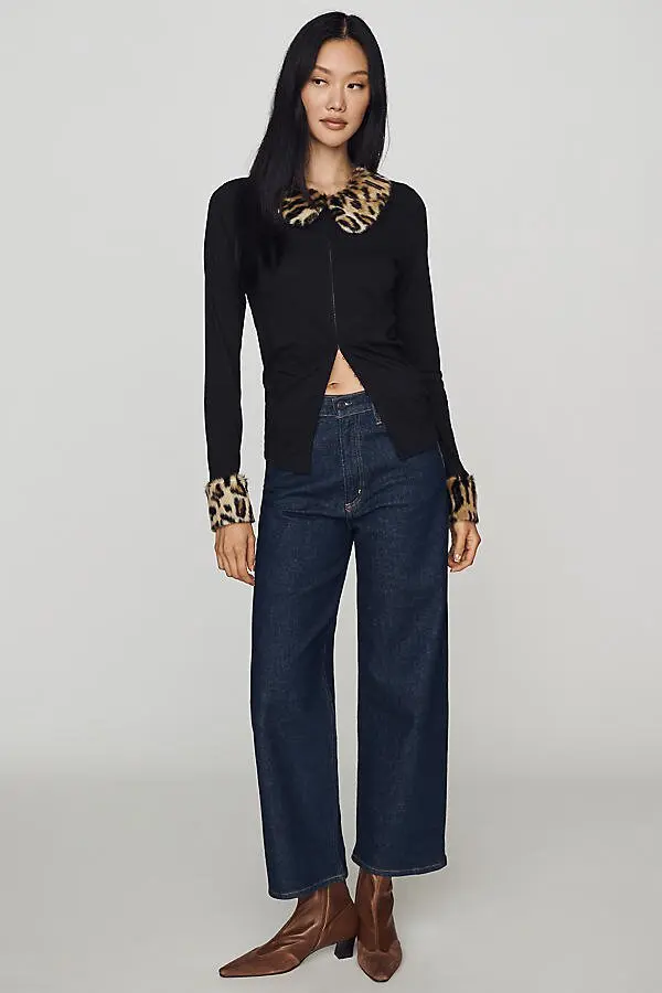 Anna Sui Contrast Faux Fur Leopard Cardigan Top