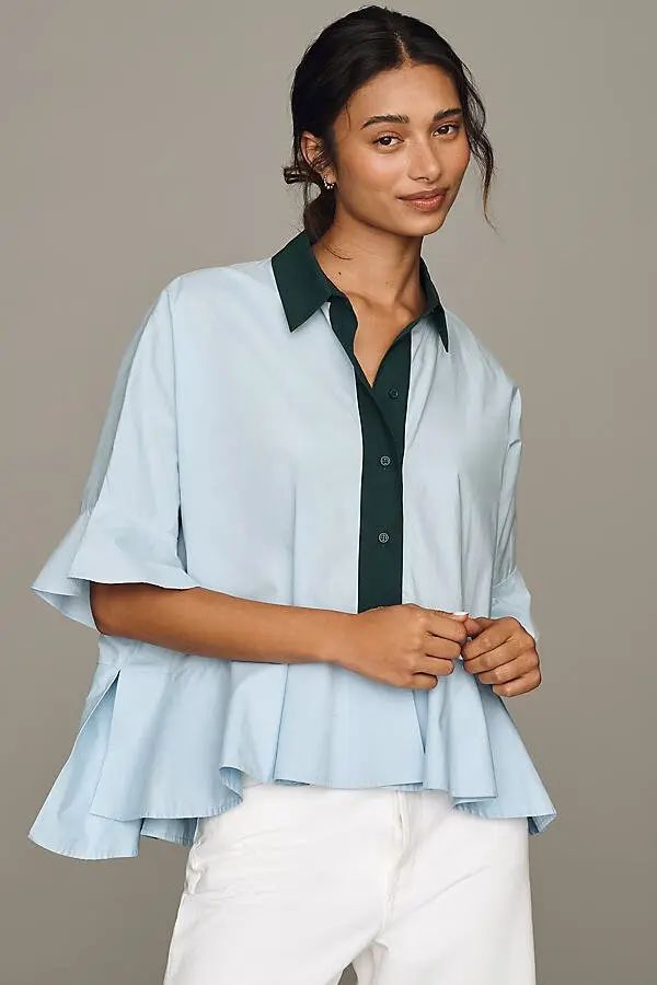 Essentiel Antwerp Kaylee Cotton Peplum Blouse - Green Pattern