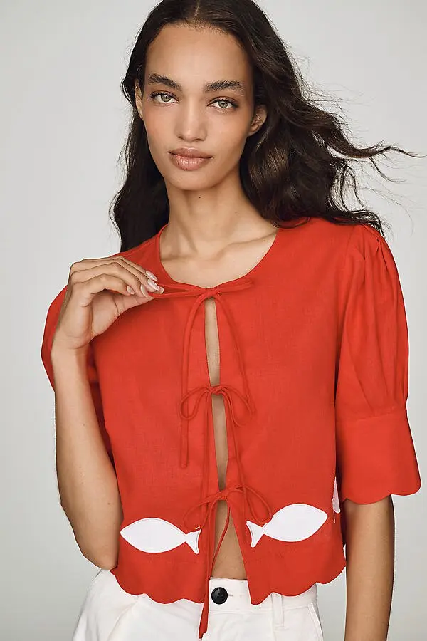 SISTER NEW YORK Scalloped Fish Tie-front Top - Red