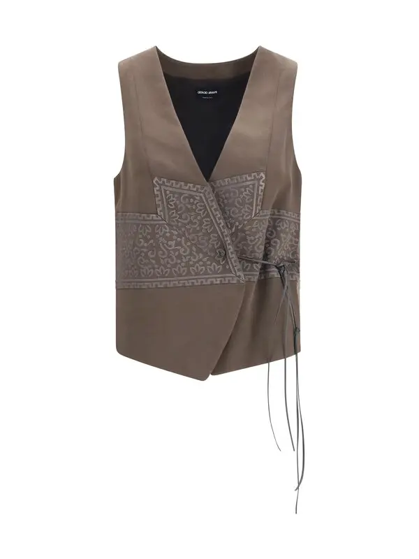 Giorgio Armani Vest In Washed Silk And Virgin Wool With Jacquard Pattern And Ties - Brown
