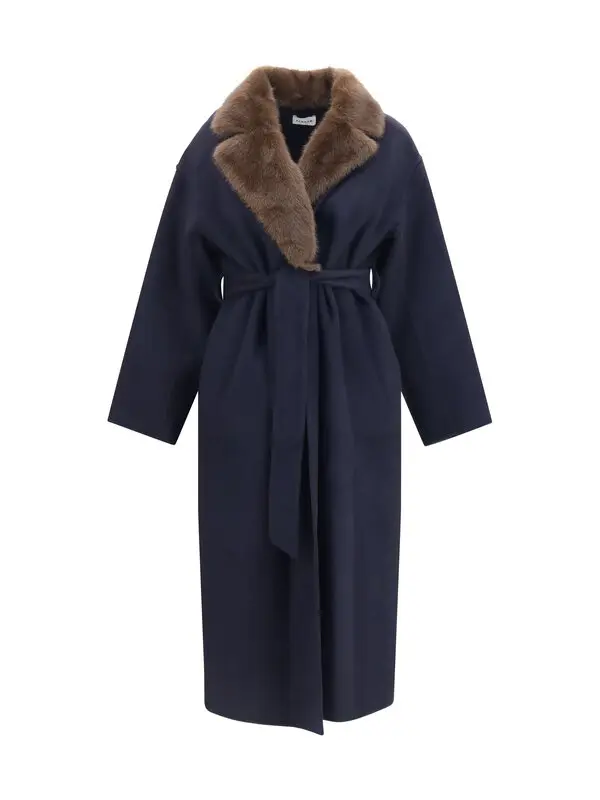 P.a.r.o.s.h Wool Coat With Fur Collar And Belt - Blue