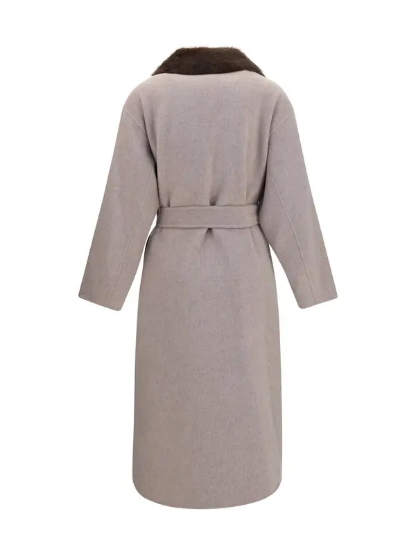 P.a.r.o.s.h Wool Coat With Fur Collar And Belt - Cream