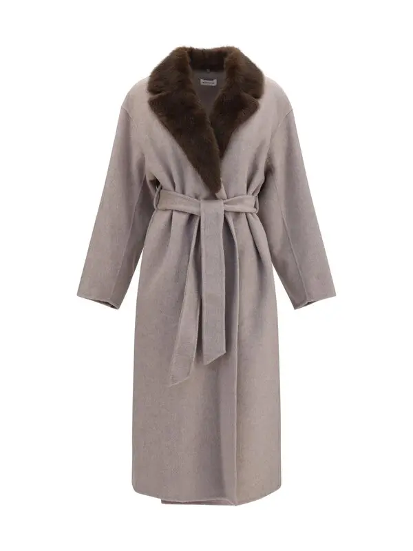 P.a.r.o.s.h Wool Coat With Fur Collar And Belt - Cream