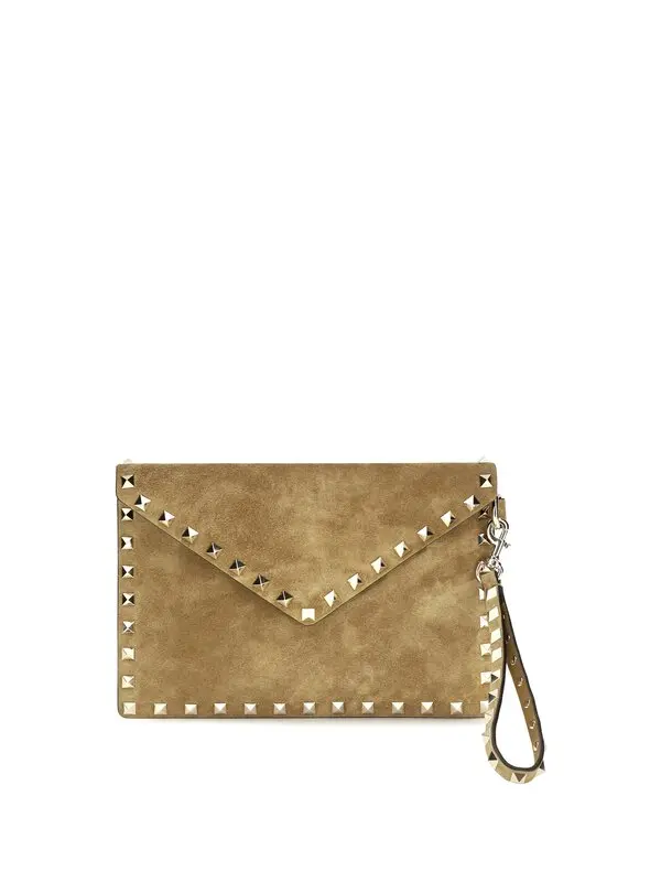 Valentino Garavani Medium Rockstud Suede Clutch - Cream