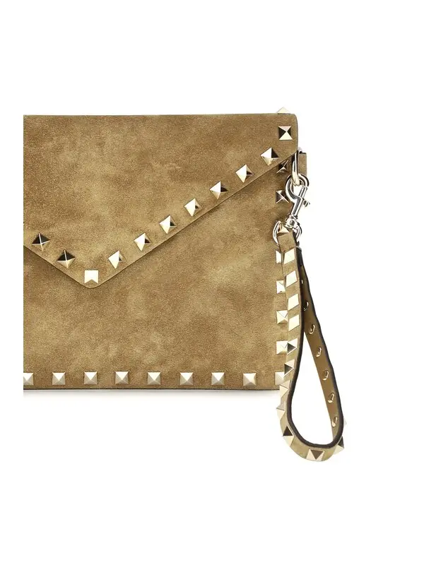 Valentino Garavani Medium Rockstud Suede Clutch - Cream