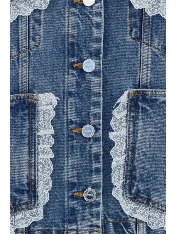 GANNI Rigid Denim Jacket With Lace Trim - Blue