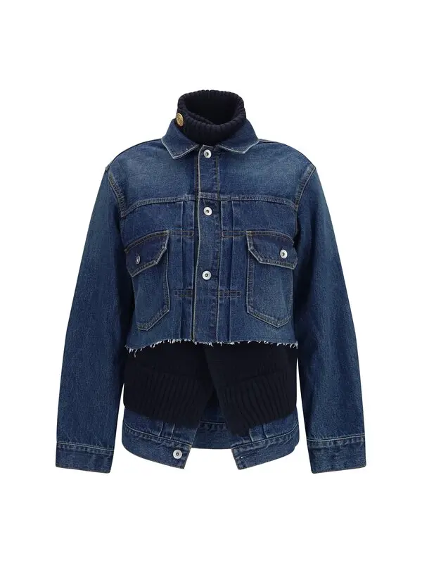 Sacai Denim Jacket With Wool Knit Layer - Blue