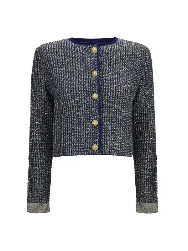 Balmain Quilted Sequin Cardigan With Decorative Buttons - Blue