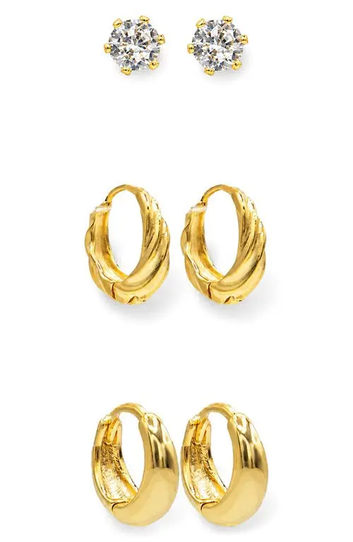 LA MENO Mixed Stud & Hoop Earring Set With Crystal Accents - Gold