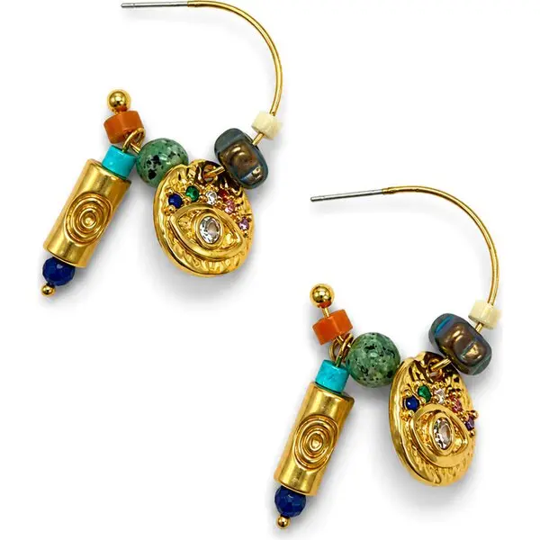 LA MENO Stone & Evil Eye Charm Hoop Earrings - Gold