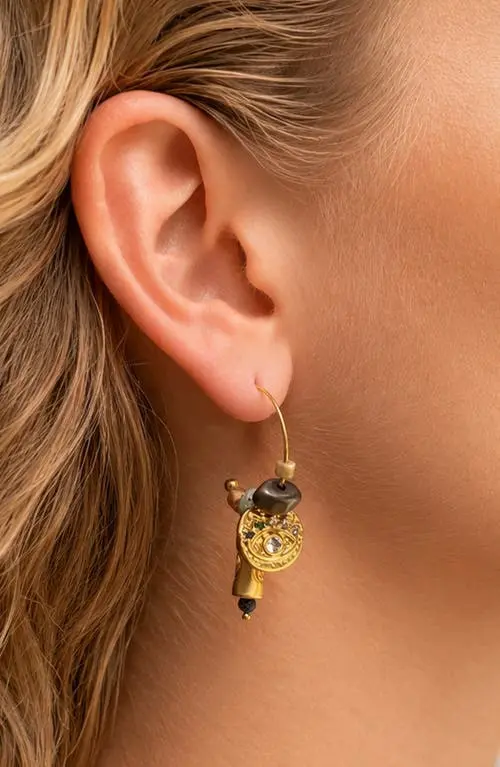 LA MENO Stone & Evil Eye Charm Hoop Earrings