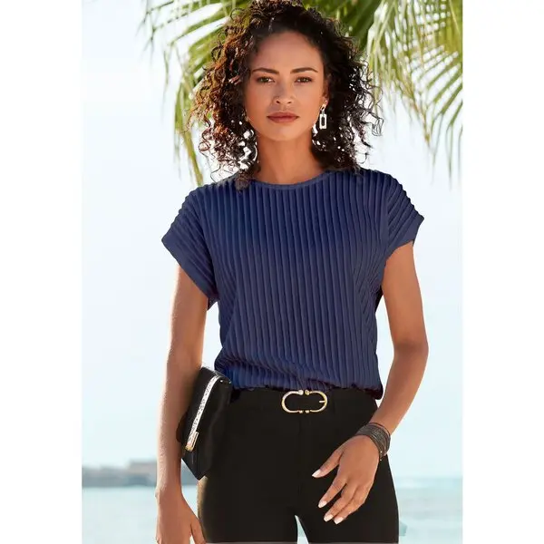 LASCANA Ribbed Short Sleeve Top - Blue