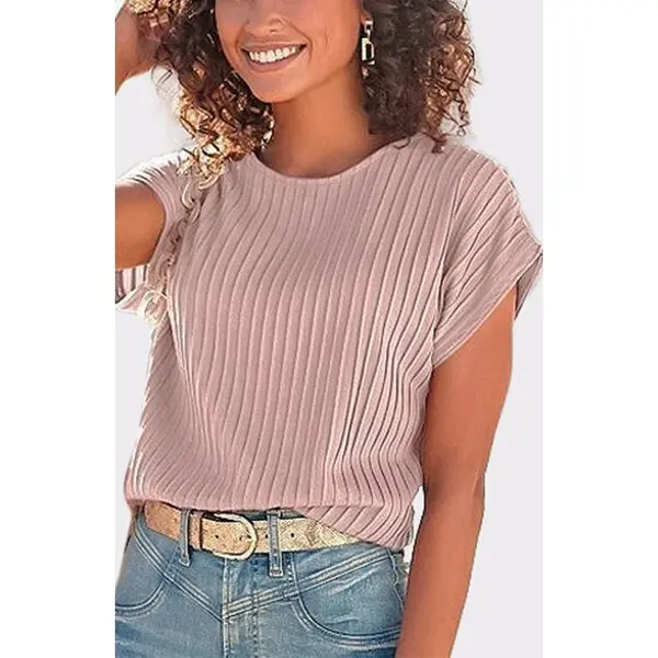 LASCANA Ribbed Short Sleeve Top - Mauve