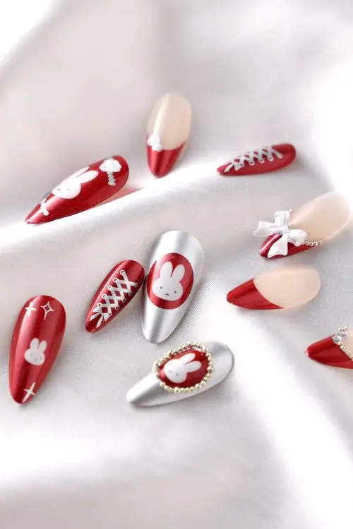 NEVER HAVE I EVER Miffy Burgundy Almond Press On Nails Cute Character Nail Art - Red