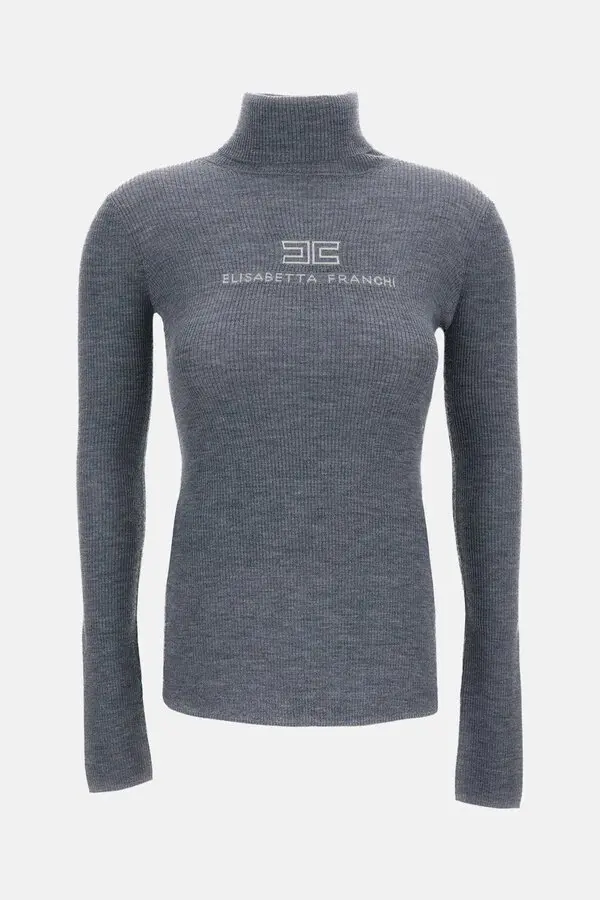 Elisabetta Franchi Ribbed Stretch Wool High-neck Sweater With Jacquard Logo - Grigio