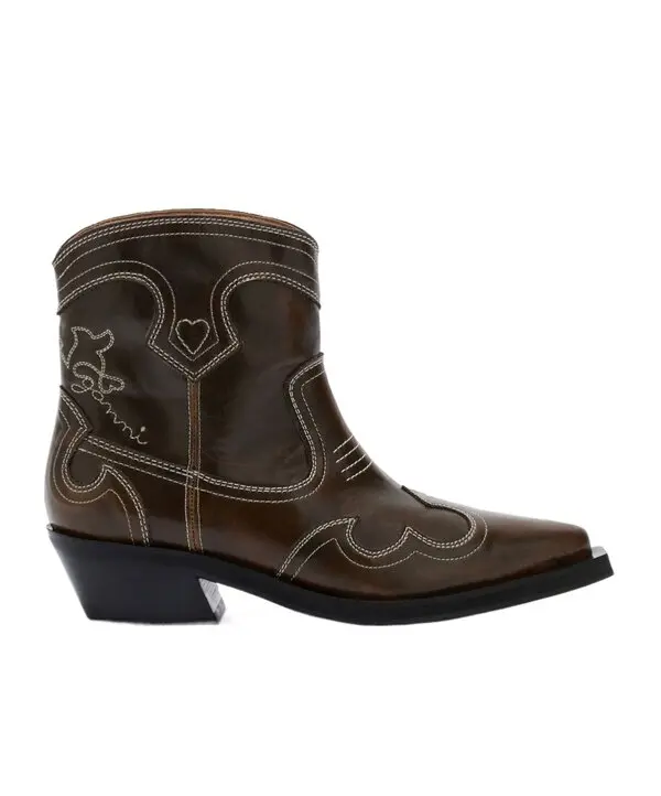 GANNI Low Shaft Embroidered Western Boots - Dark Olive