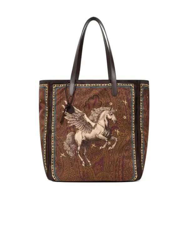 Etro Nylon Tote Bag With Pegaso Print And Arnica Motif - Brown