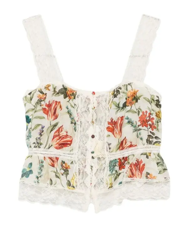 ALICEOLIVIA Alice + Olivia Floral Print Lace Trim Top
