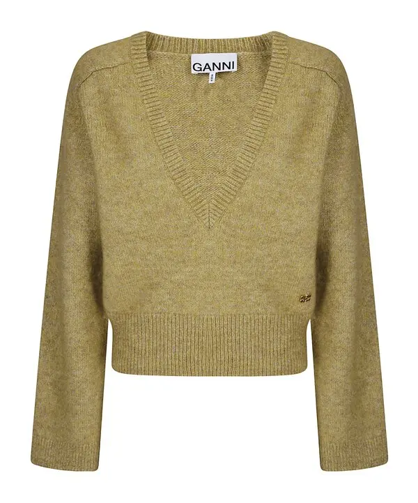 GANNI Mélange Deep V-neck Knitted Sweater