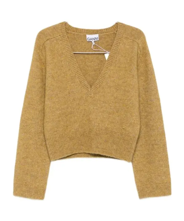 GANNI Mélange Deep V-neck Knitted Sweater - Nude
