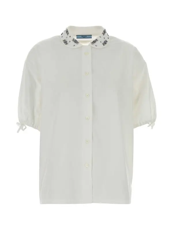 Prada Embellished Collar Short Sleeve Poplin Shirt