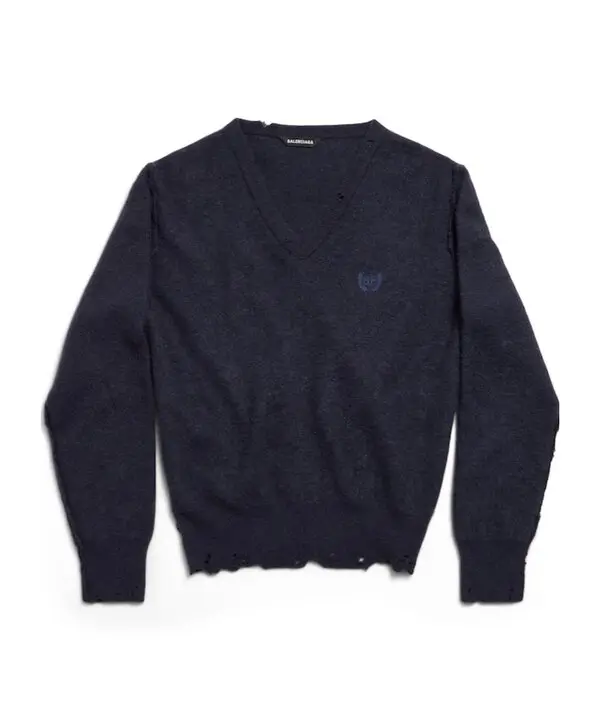 Balenciaga Laurel Classic V-neck Destroyed Sweater - Navy