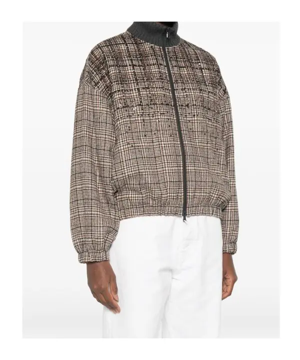 Brunello Cucinelli Sequin Check Bomber Jacket - Beige Tab