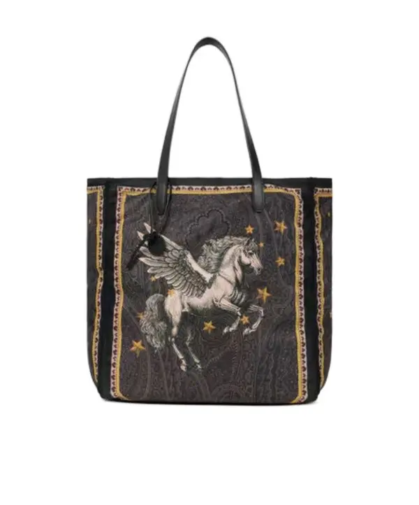 Etro Nylon Tote Bag With Pegaso Print And Arnica Motif - Black