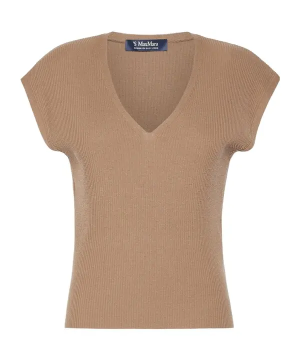 Max Mara Ribbed V-neck Top - Camel
