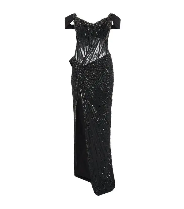 GAURAV GUPTA Off-the-shoulder Gown With Crystal Embroidery And Sculptural Drape
