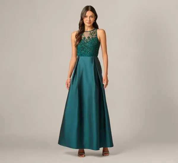 Adrianna Papell Sleeveless Taffeta Ball Gown With Beaded Bodice - Gem Green