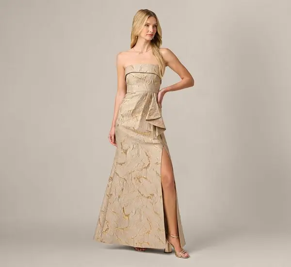 Adrianna Papell Strapless Metallic Jacquard Draped Gown - Mink