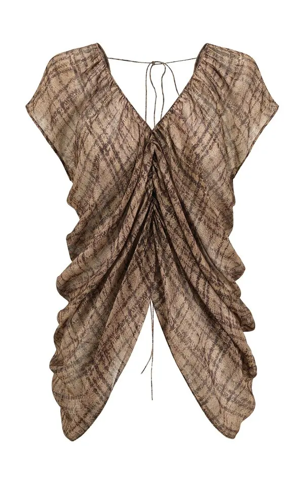 INTO THE EAST Plaid Ombre Draped Silk Top