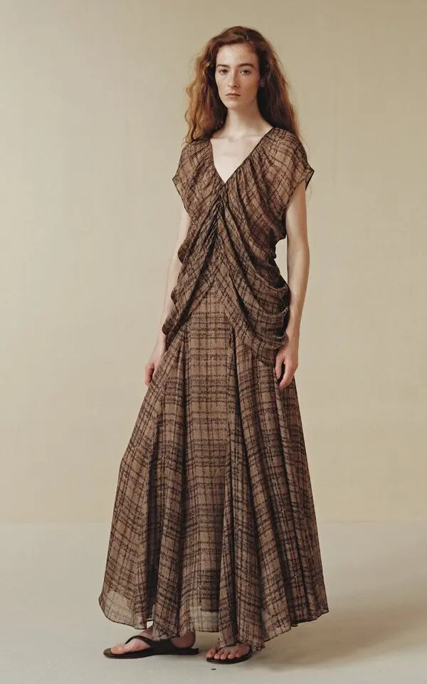 INTO THE EAST Plaid Ombre Draped Silk Top