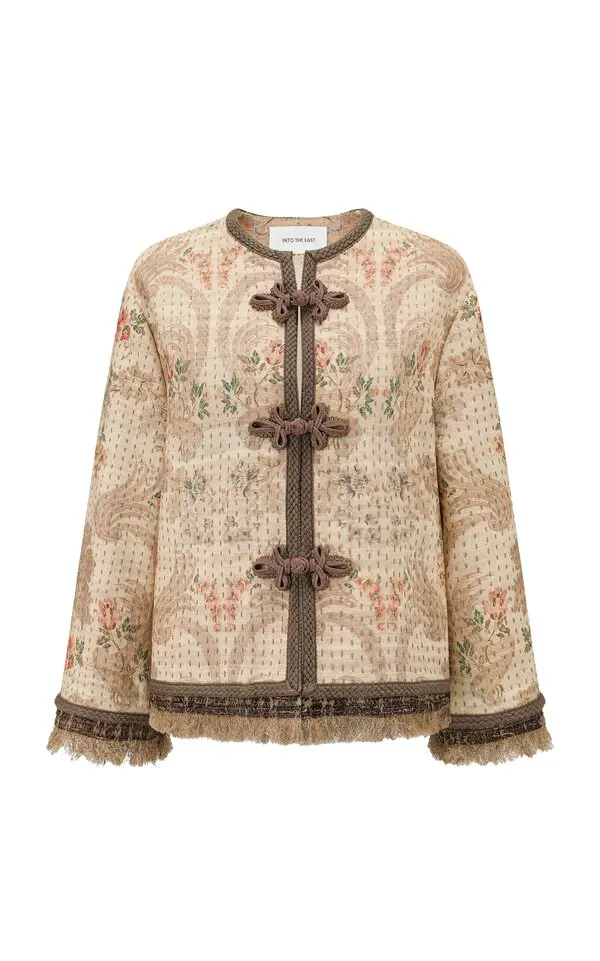 INTO THE EAST Scroll Handcrafted Fringe Beaded Silk-linen Jacket - Floral
