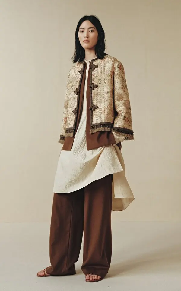 INTO THE EAST Handcrafted Scroll Fringe Beaded Silk-linen Jacket